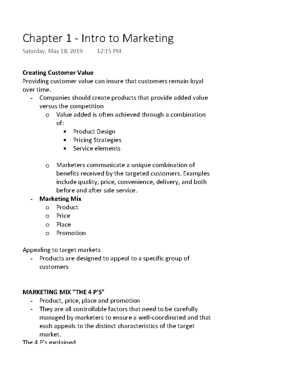 Chapter 1 Lecture Notes - Chapter 1 - Intro to Marketing Saturday, May ...