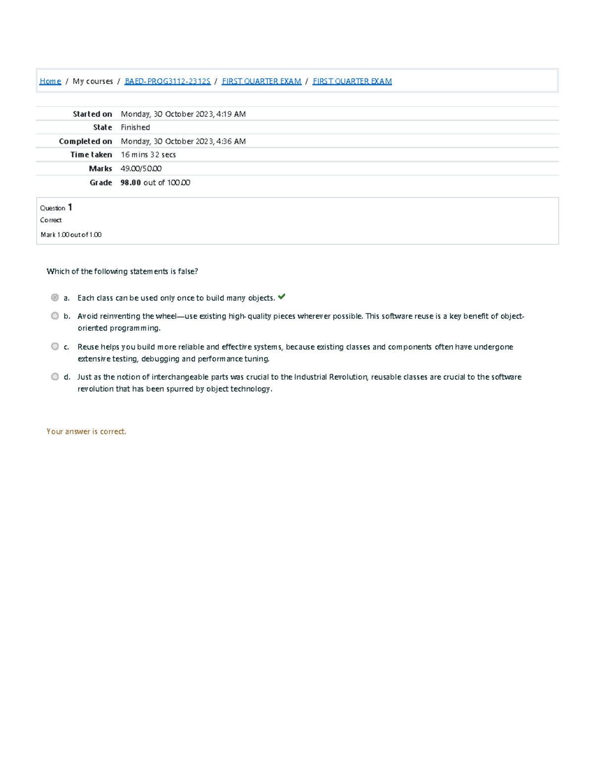 PROG JAVA First Quarter EXAM Attempt review - Home / My courses / BAED ...