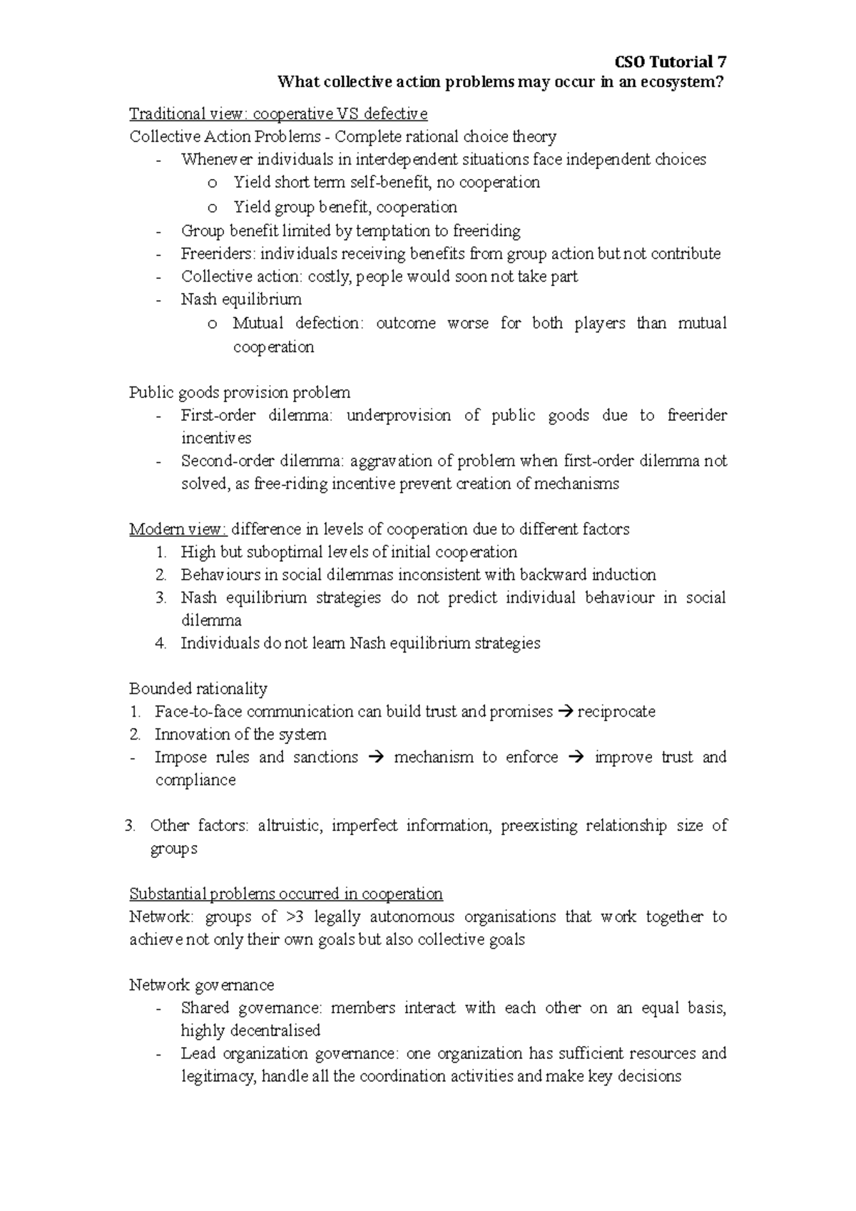 CSO Tutorial 7 - What collective action problems may occur in an ...