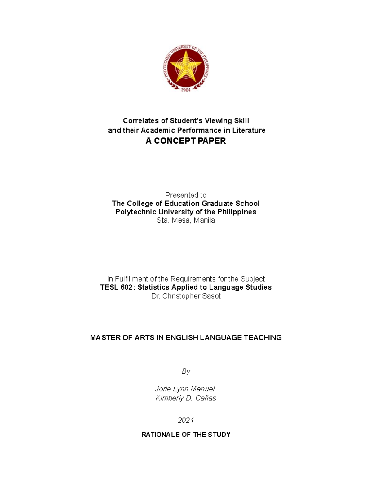 STATISTICS CONCEPT PAPER FOR SELECTED RESEARCH ASSIGNMENT - Correlates ...