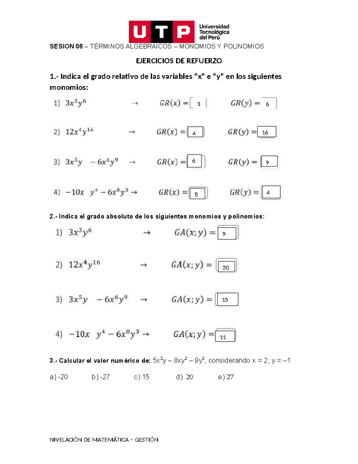 S 06 - Terminos Algebraicos - Ejercicios DE Refuerzo 1 - Nivelación de ...