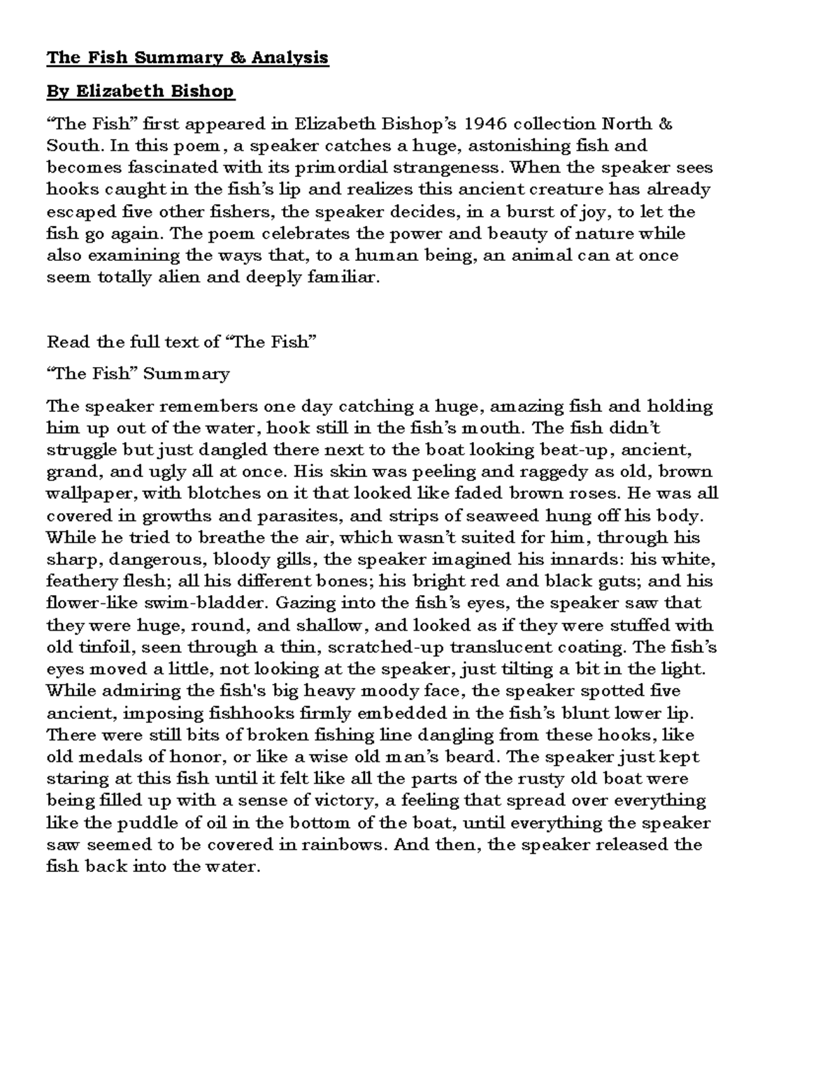 The Fish summary - In this poem, a speaker catches a huge, astonishing ...