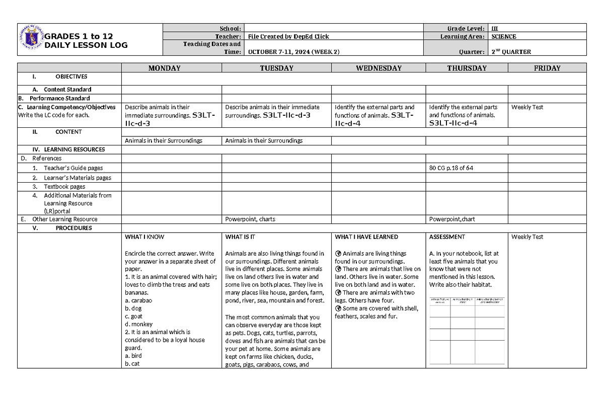DLL Science 3 Q2 W2 - DLL - GRADES 1 to 12 DAILY LESSON LOG School ...