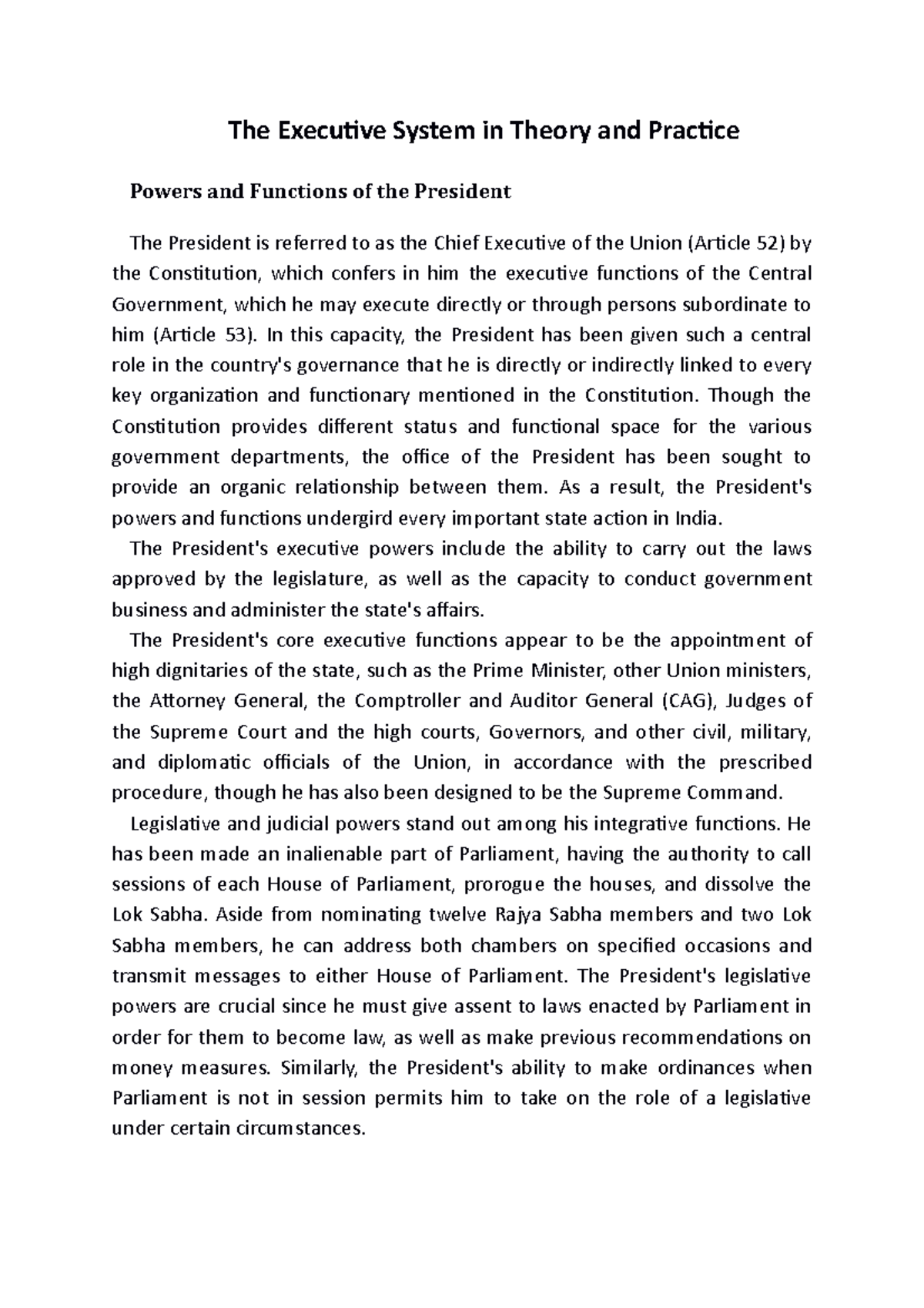 The Executive System in Theory and Practice - In this capacity, the ...