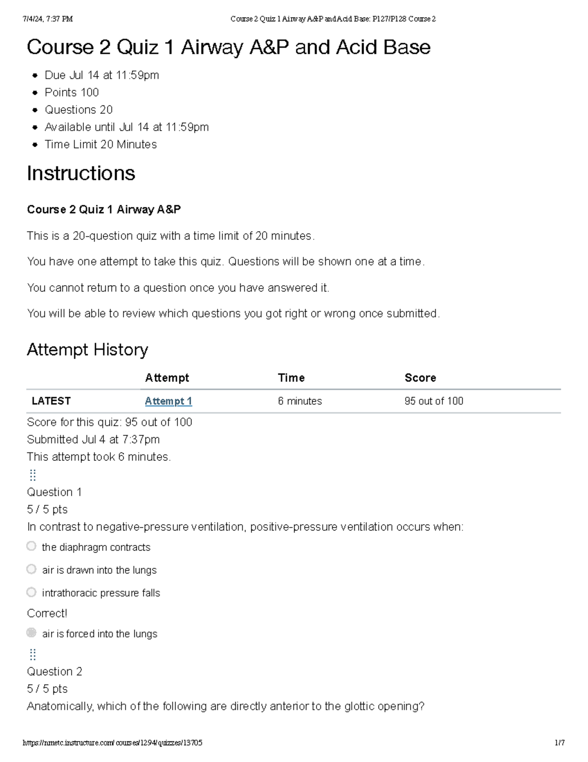 Course 2 Quiz 1 Airway A&P and Acid Base P127 P128 Course 3 - Course 2 ...