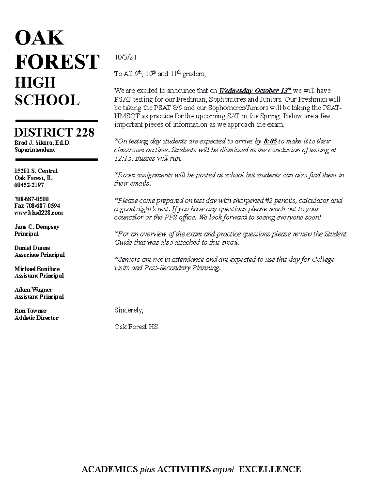 PSAT Parent Letter - Good - 10/5/ To All 9th, 10th and 11th graders, We ...