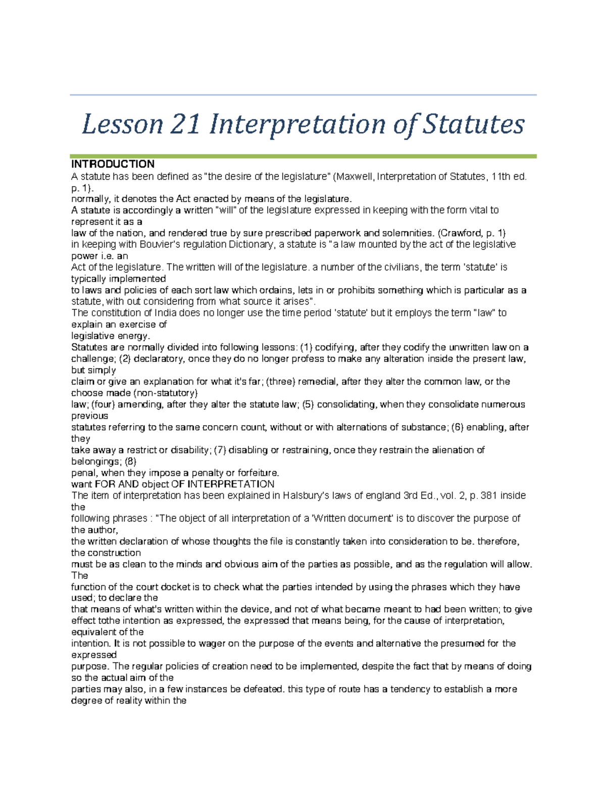 Lesson 21 Interpretation of Statutes - Lesson 21 Interpretation of ...