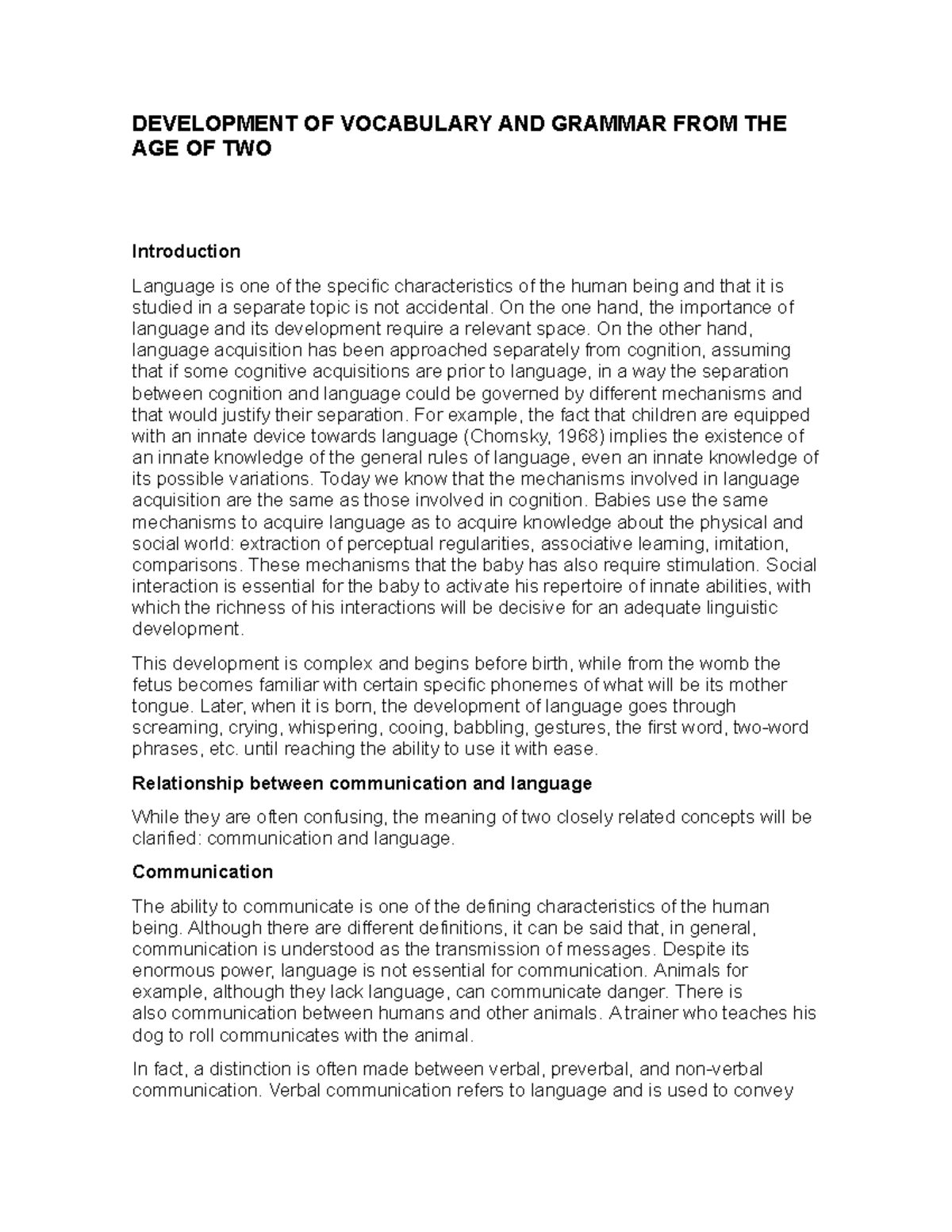 Development of vocabulary and grammar from the age of two - DEVELOPMENT ...