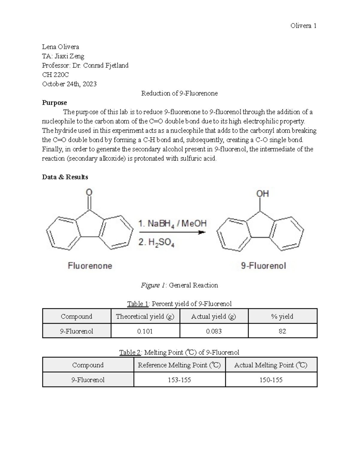 Reduction of 9-Fluorenone - Lena Olivera TA: Jiaxi Zeng Professor: Dr ...