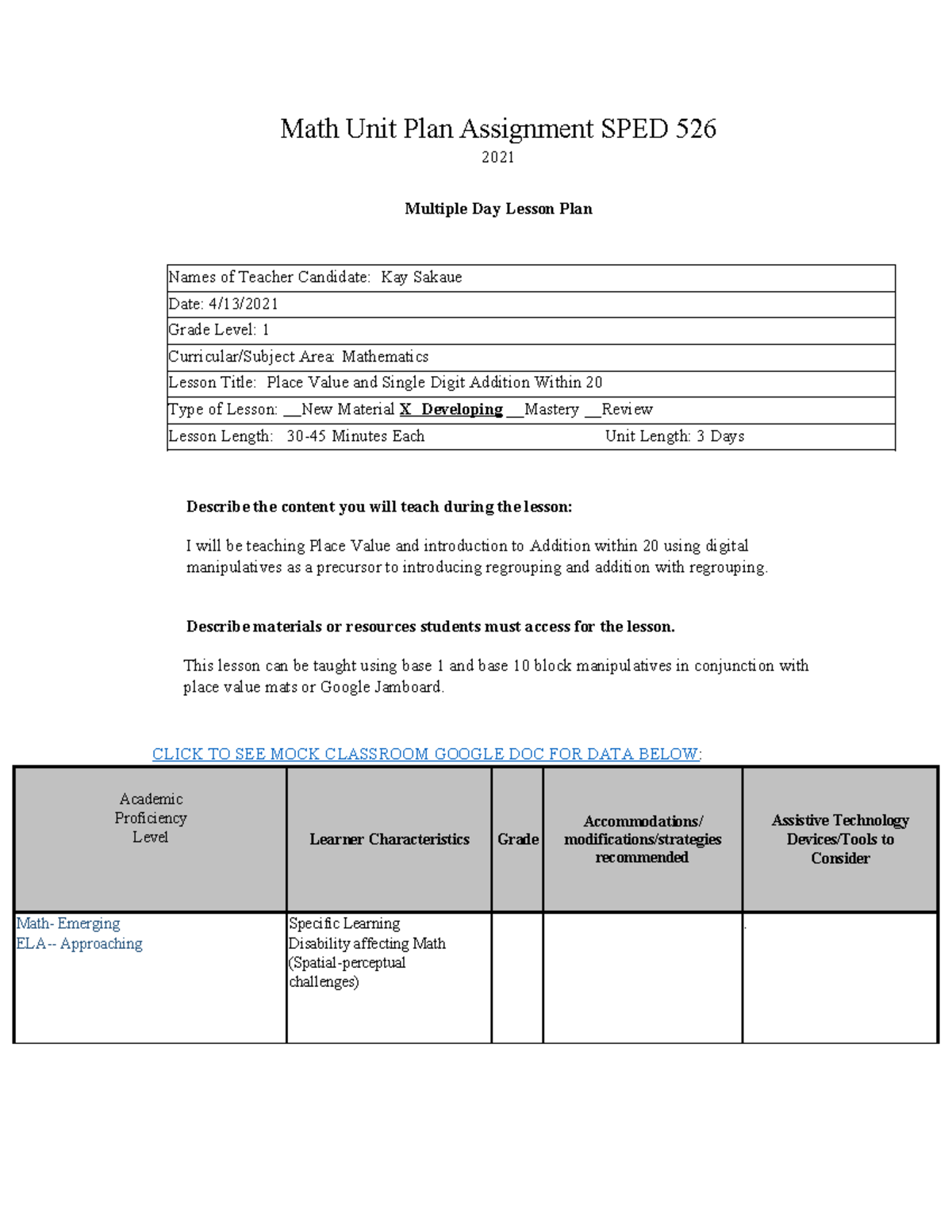 SPED 526 Math Unit Plan - KS FN - Math Unit Plan Assignment SPED 526 ...