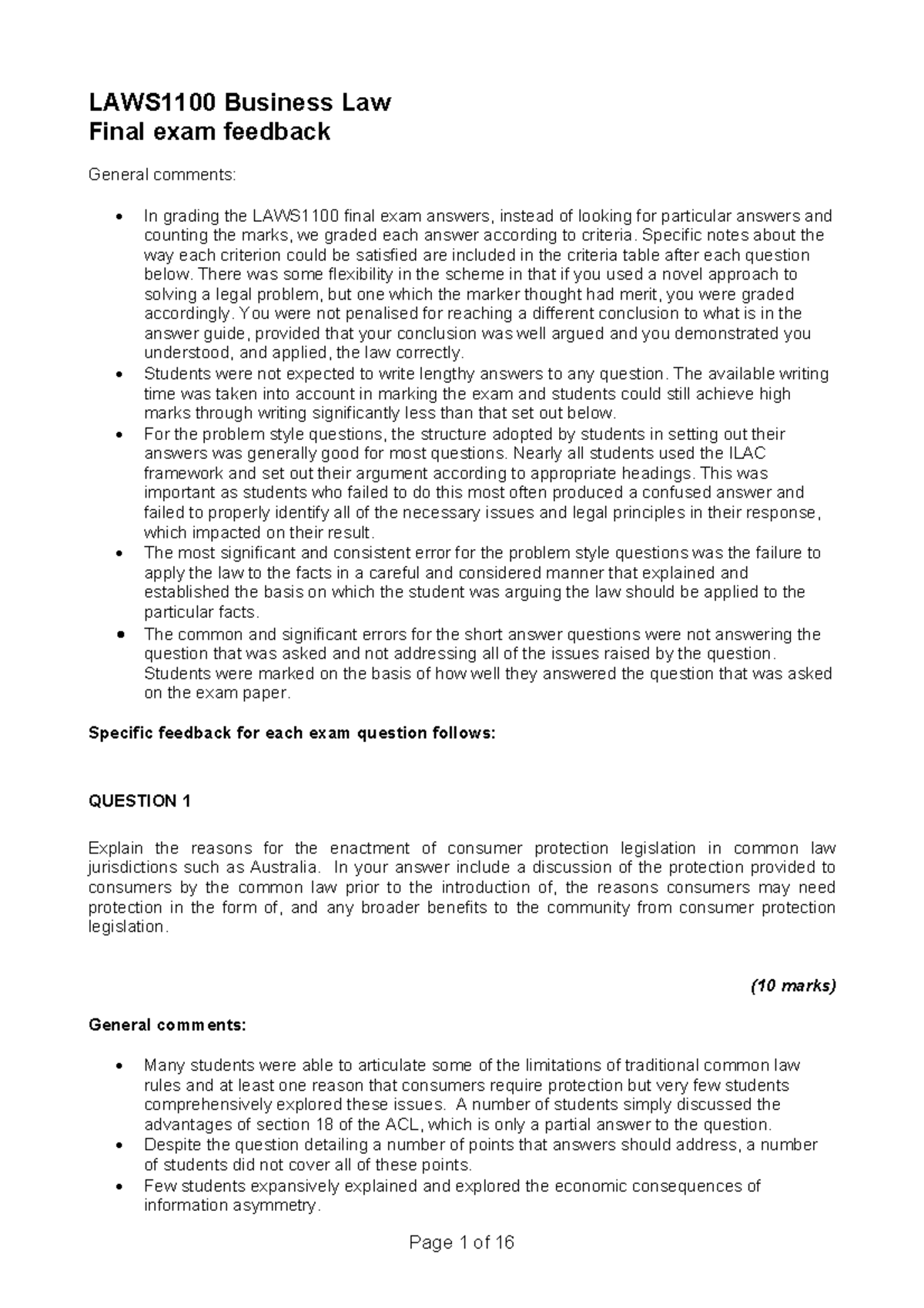 Final Exam 2015, questions and answers - LAWS1100 Business Law Final ...