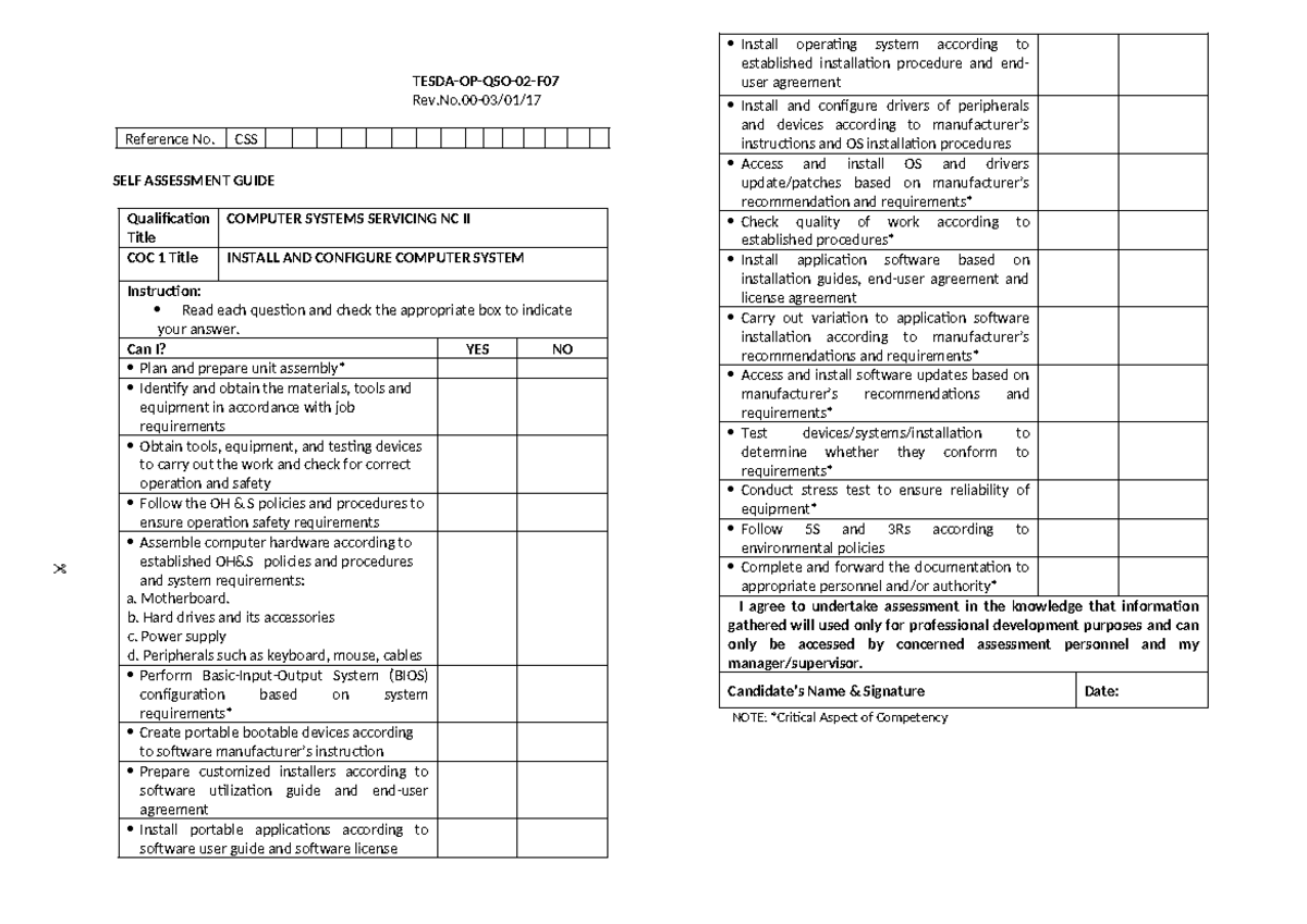 CSS-SAG - none - TESDA-OP-QSO-02-F Rev.No-03/01/ Reference No. CSS SELF ...
