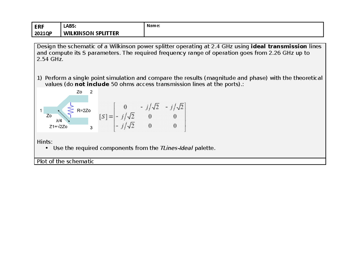 ERF LAB5 Wilkinson Power Splitter guided - ERF 2021QP LAB5: WILKINSON ...