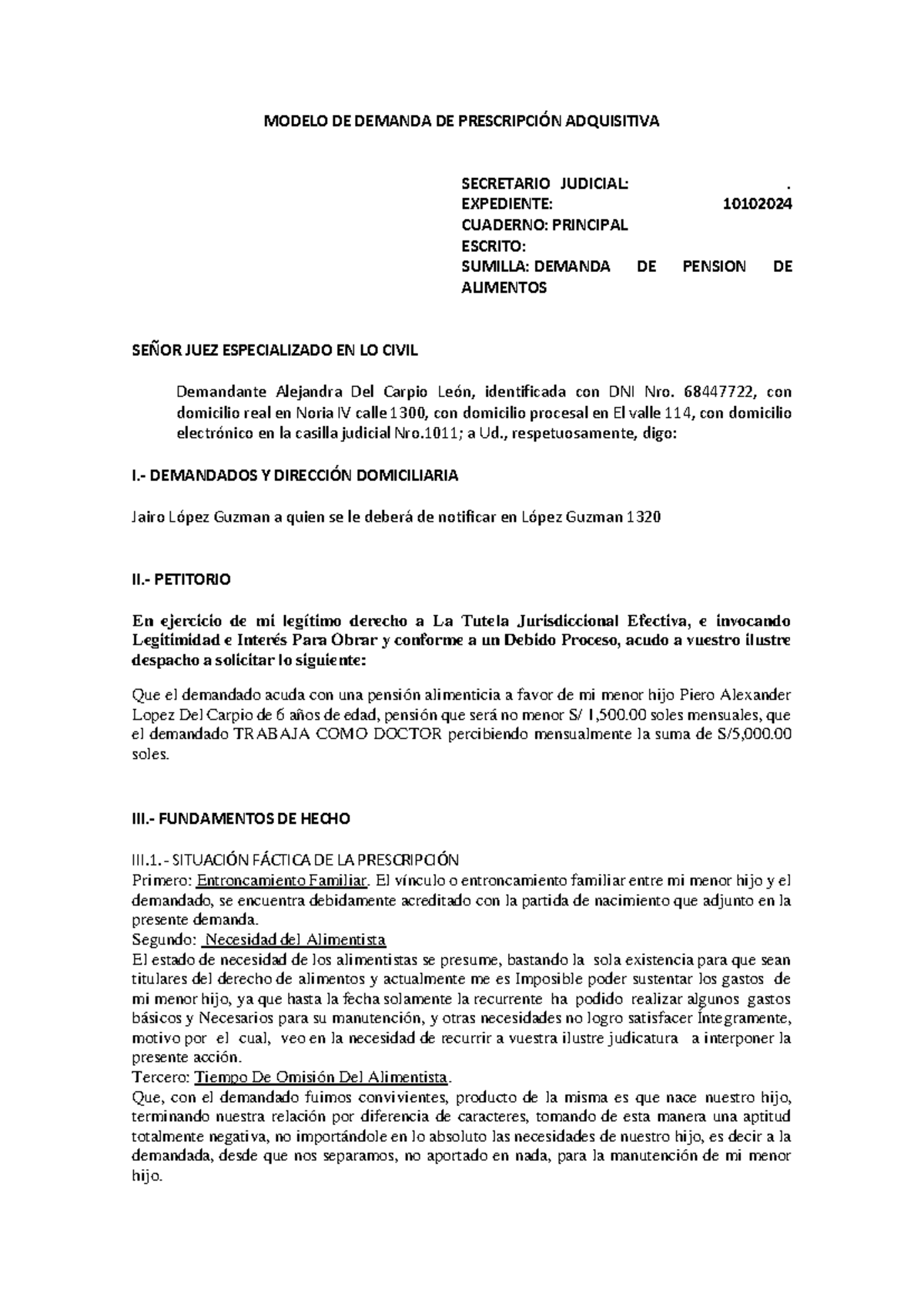 Modelo DE Demanda DE Pension DE Alimentos- Alexander Lopez Del Carpio ...