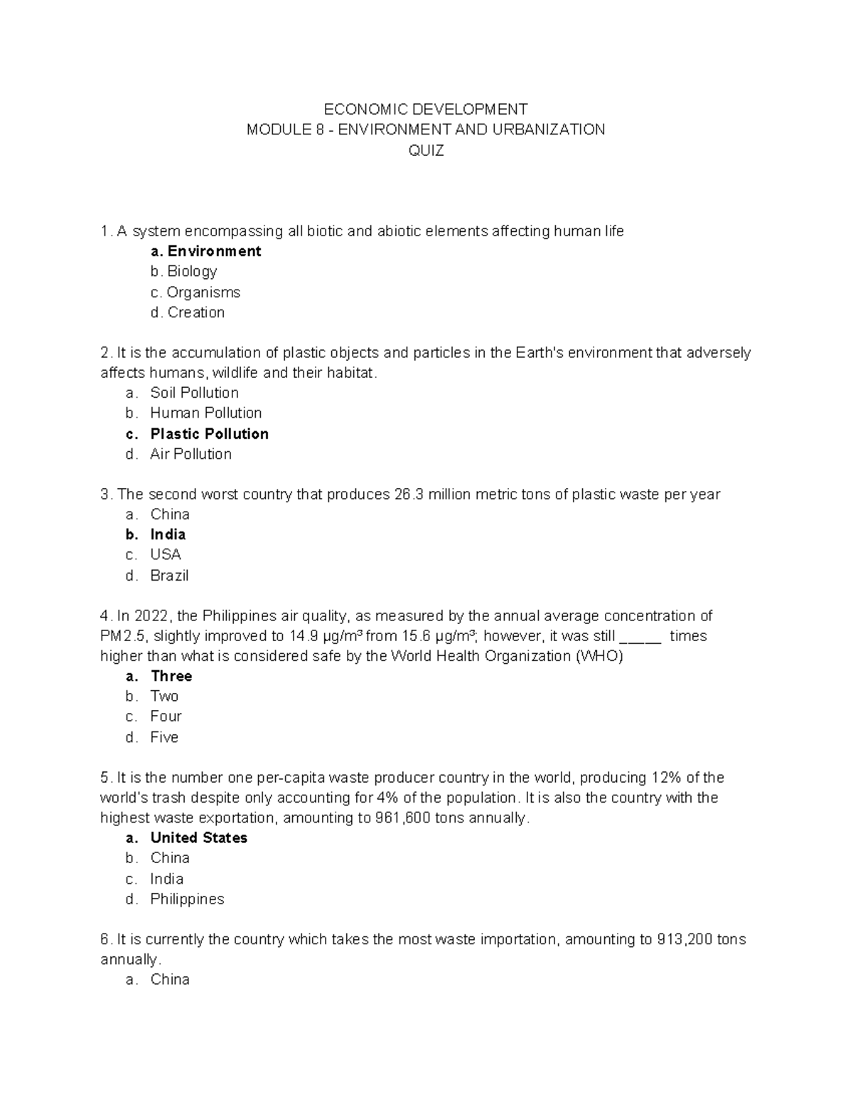 Economic Development Module 8 QUIZ - ECONOMIC DEVELOPMENT MODULE 8 ...