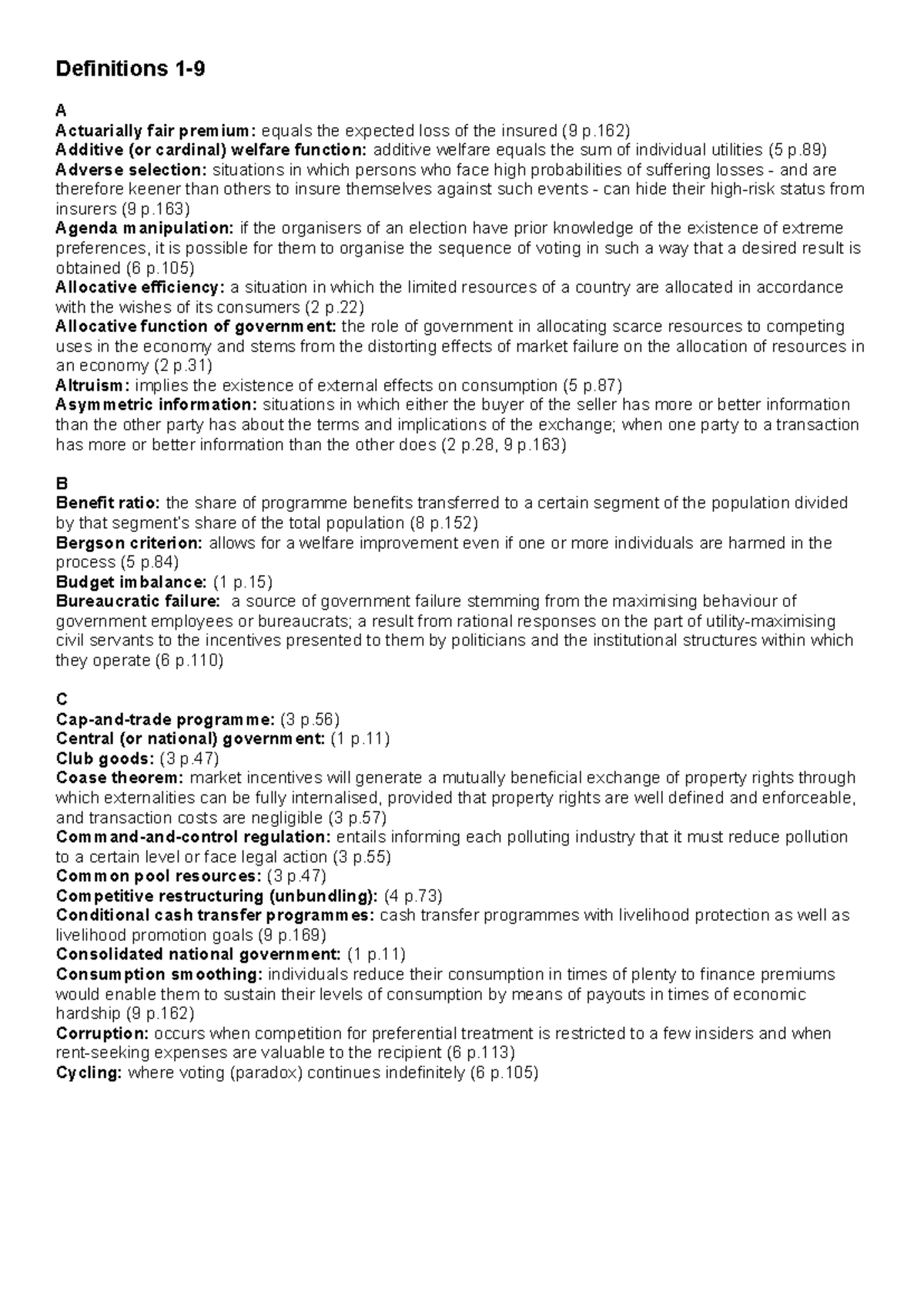 Definitions 1-9 - Summary Economics - Definitions 1- A Actuarially fair ...