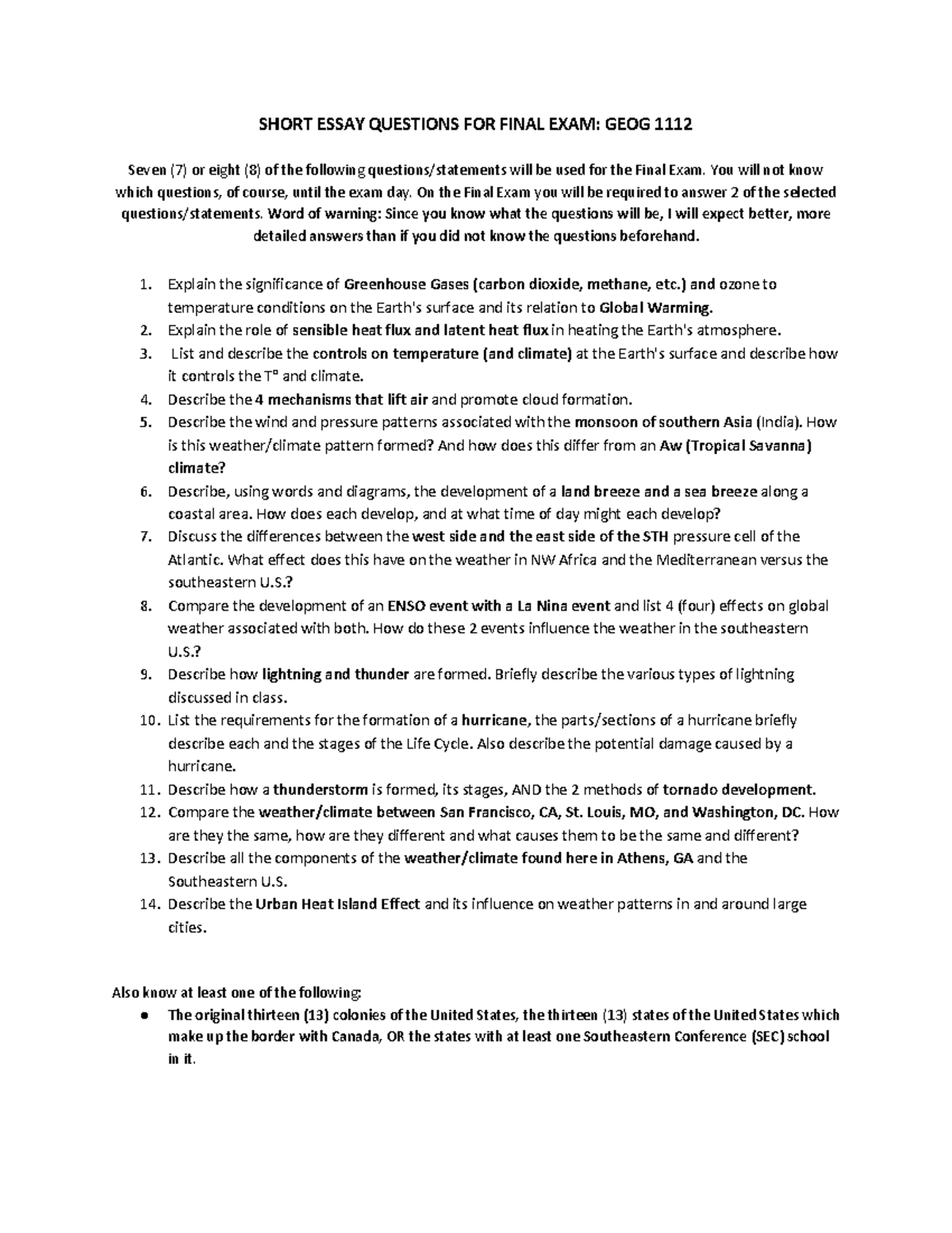 Final Exam Questions SHORT ESSAY QUESTIONS FOR FINAL EXAM GEOG 1112 final-exam-questions-short-essay-questions-for-final-exam-geog-1112