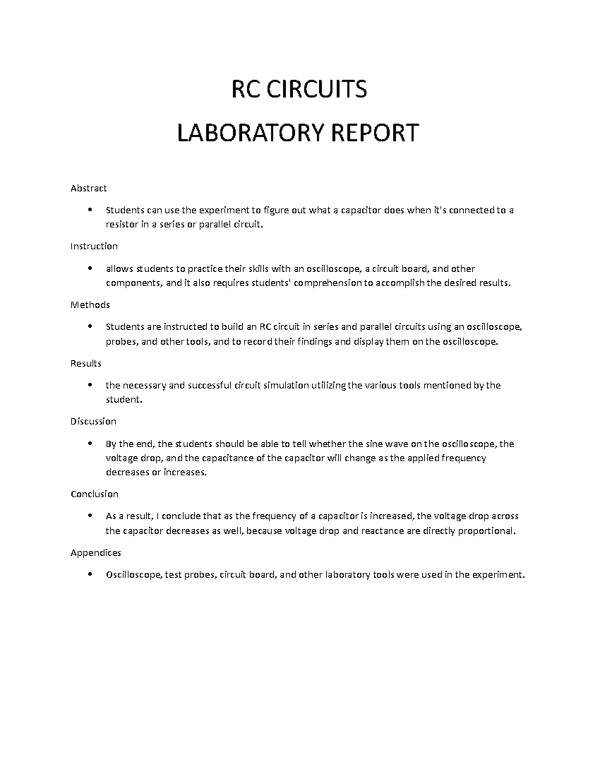 RC Circuits - None - RC CIRCUITS LABORATORY REPORT Abstract Students can use the experiment to ...