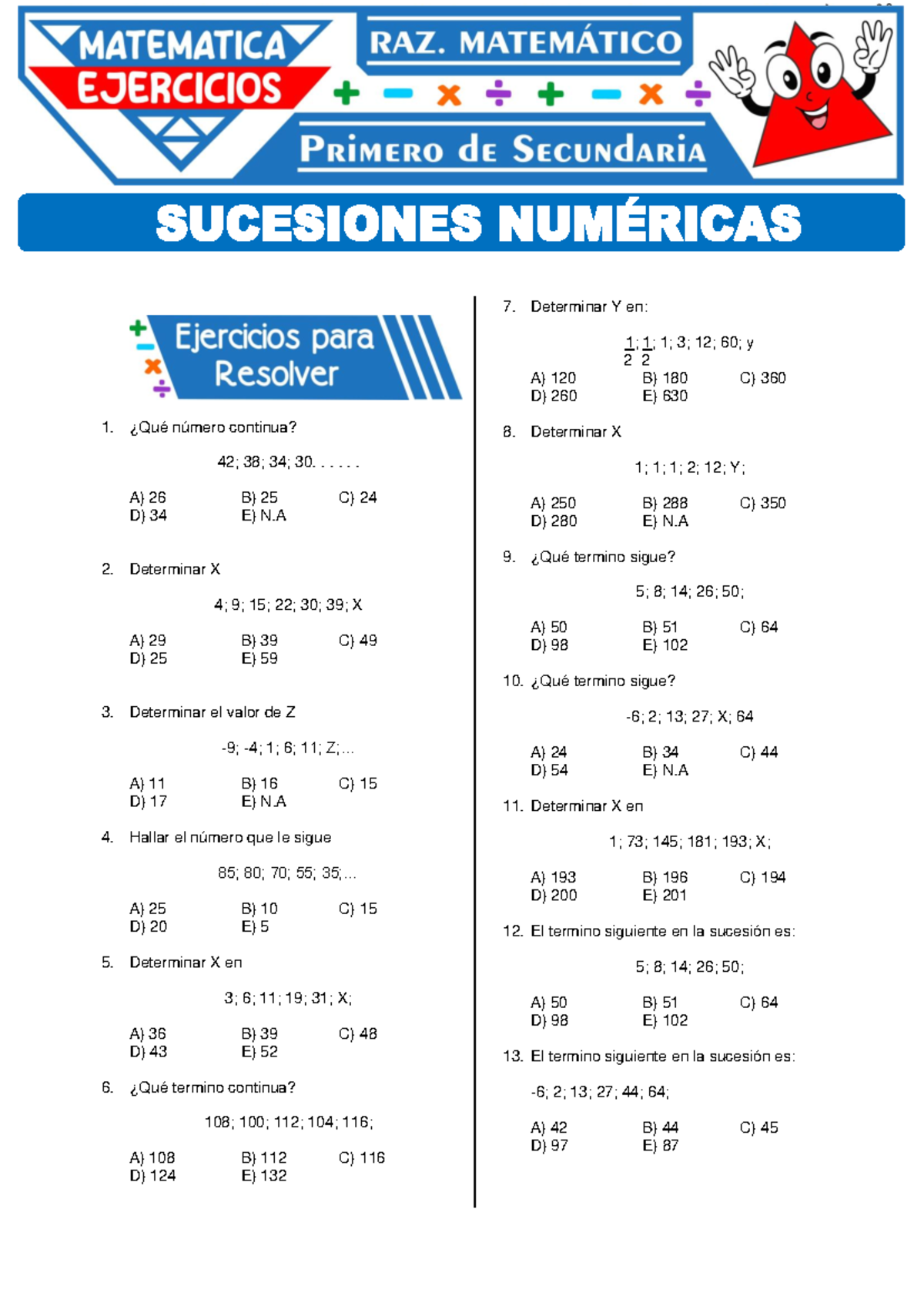 Sucesiones Numericas para Primer Grado de Secundaria - Matematica ...