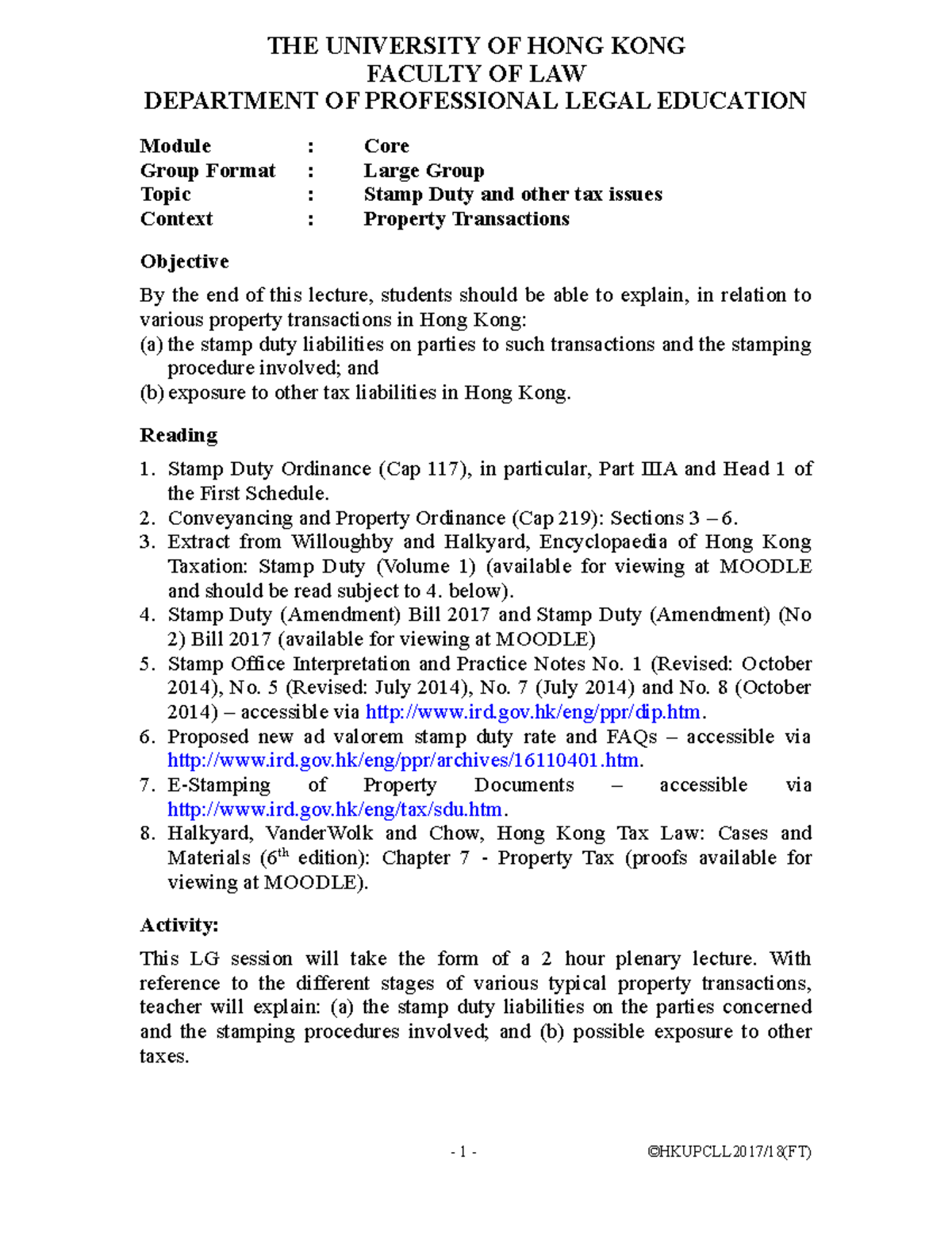 SDand Tax Pty Core-Notes (FT) - THE UNIVERSITY OF HONG KONG FACULTY OF ...