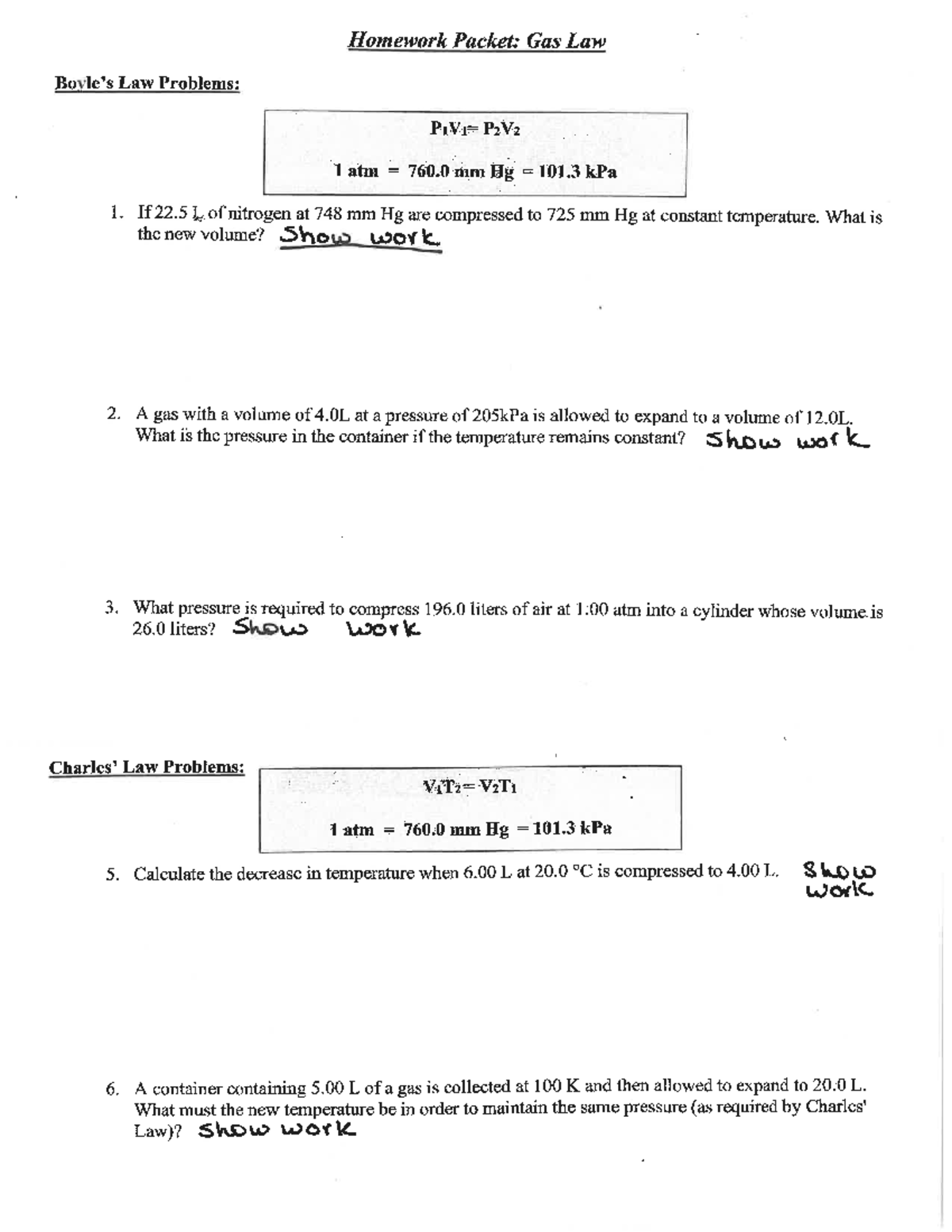 class notes pdf - Homework Packet: Gas Law Law Problems: 1 atm 760 mm ...
