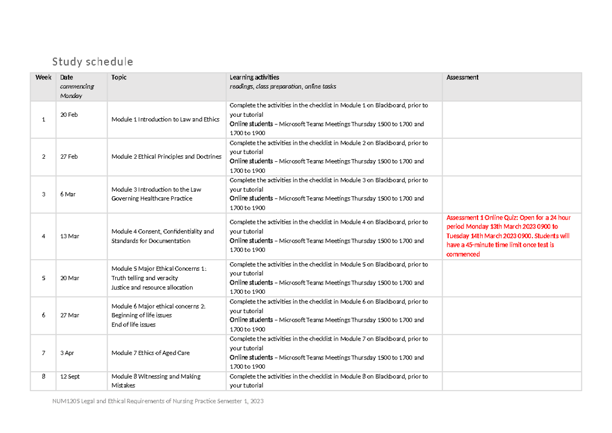 NUM1205 Semester Schedule - Study schedule Week Date commencing Monday ...