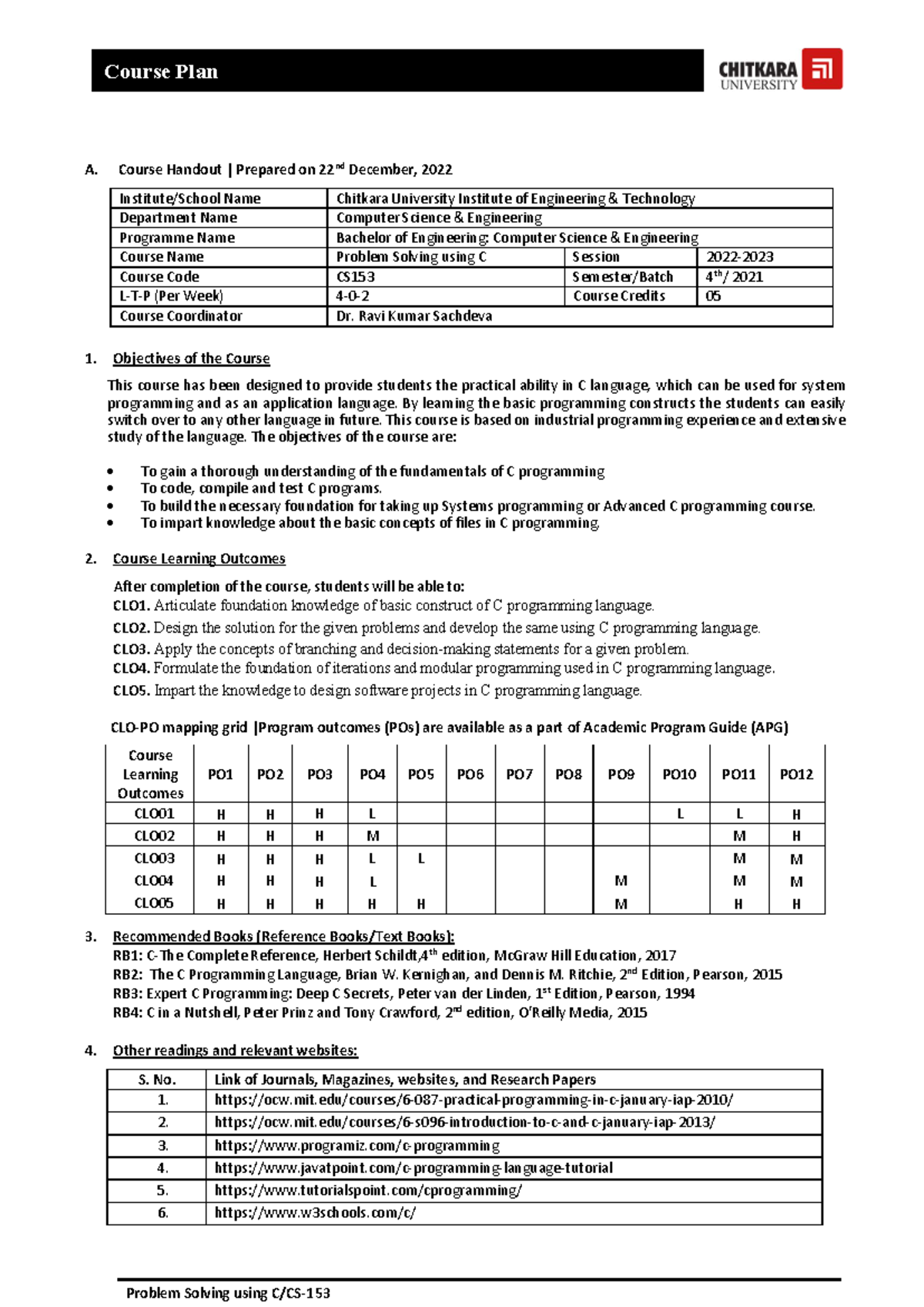 CHO Problem Solving Using C 4 - A. Course Handout | Prepared on 22nd ...