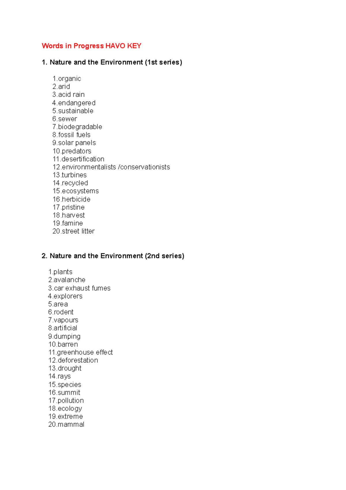 Words In Progress 1 t/m 30 - Words in Progress HAVO KEY Nature and the ...