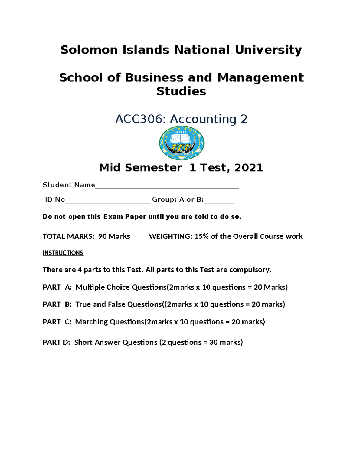 ACC 306 MST Sen 1, 2021 -Solution - Solomon Islands National University ...