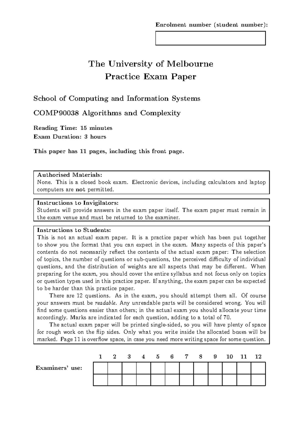 Practice-exam-questions - Enrolment number (student number): The University of Melbourne ...