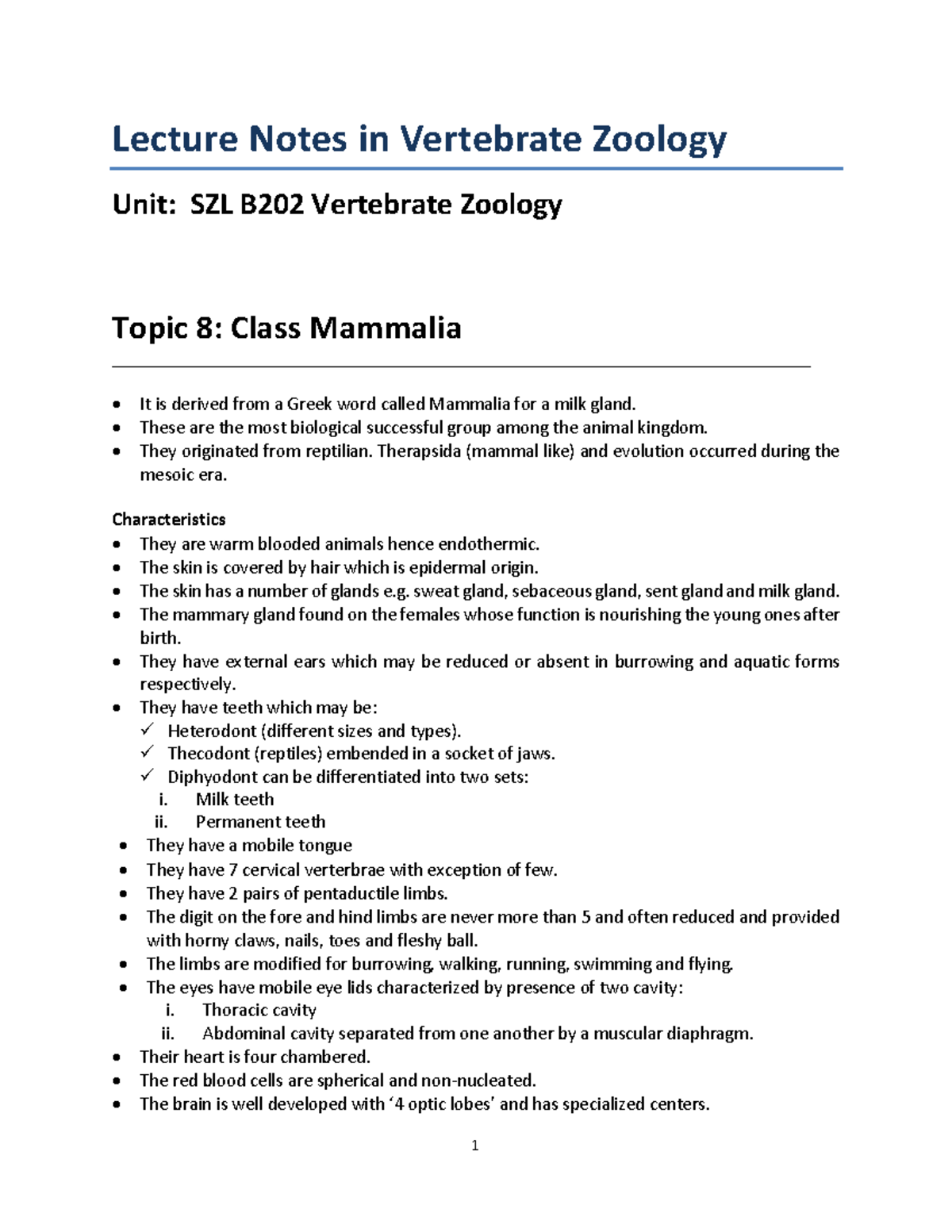 Vertebrates Lecture Notes