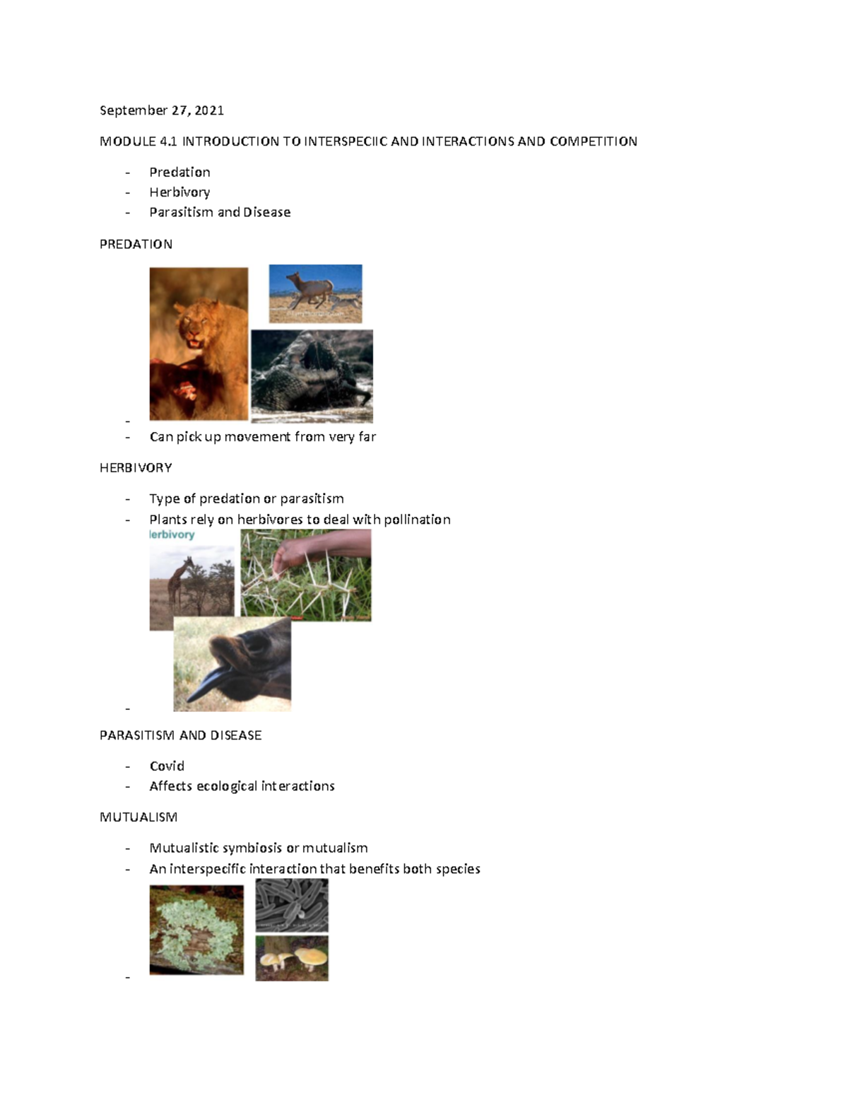 September 27 - predation, herbivory, parasitism and disease, mutualism ...