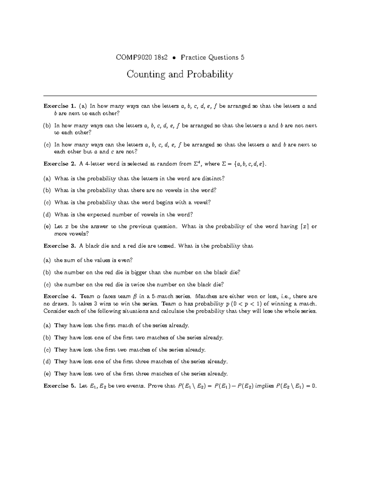 05 combinatorics - dont know what to say - COMP9020 18s2 • Practice Questions 5 Counting and ...