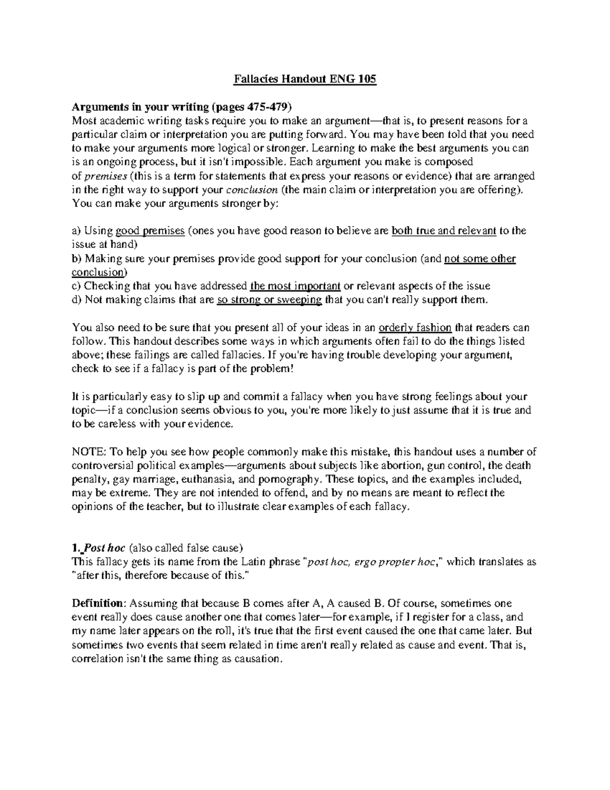 Logical Fallacies Handout - Fallacies Handout ENG 105 Arguments in your ...