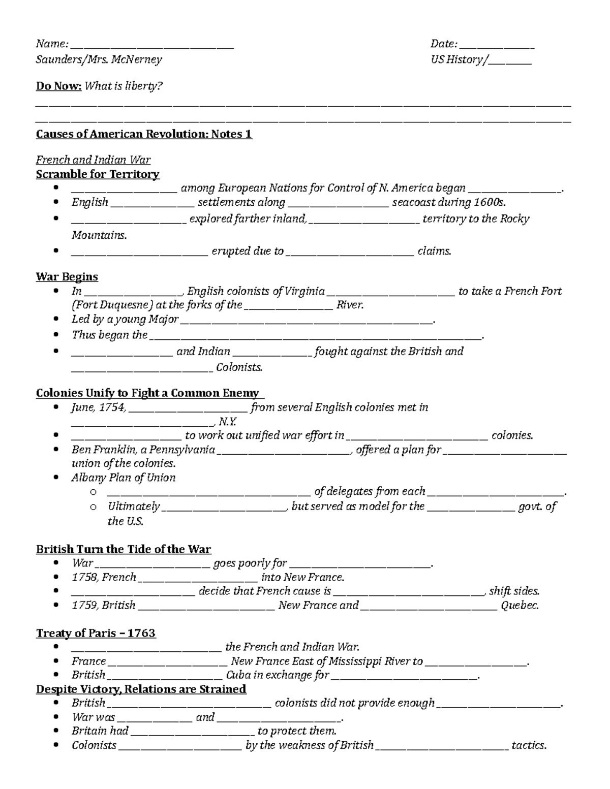 Causes of American Revolution Notes 2 - Name ...