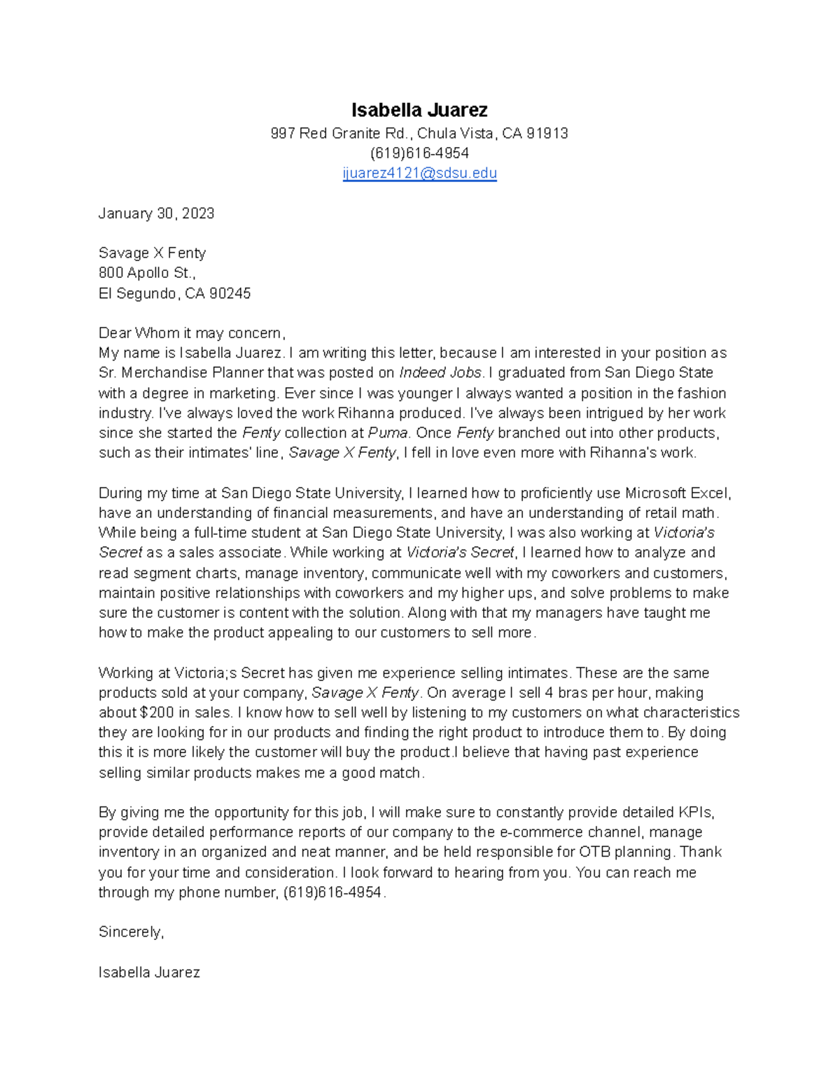 Cover letter savage x fenty - Isabella Juarez 997 Red Granite Rd ...