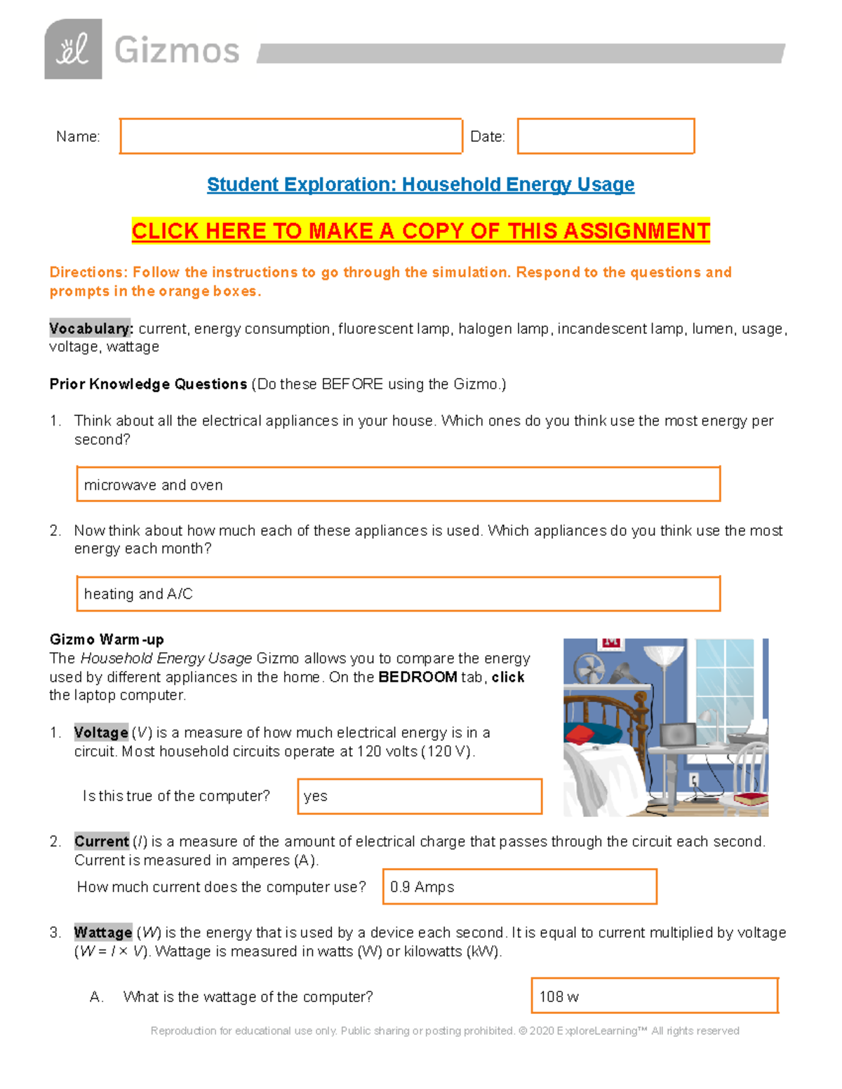 Household Energy Gizmo Activity Gudie - Name: Date: Student Exploration ...