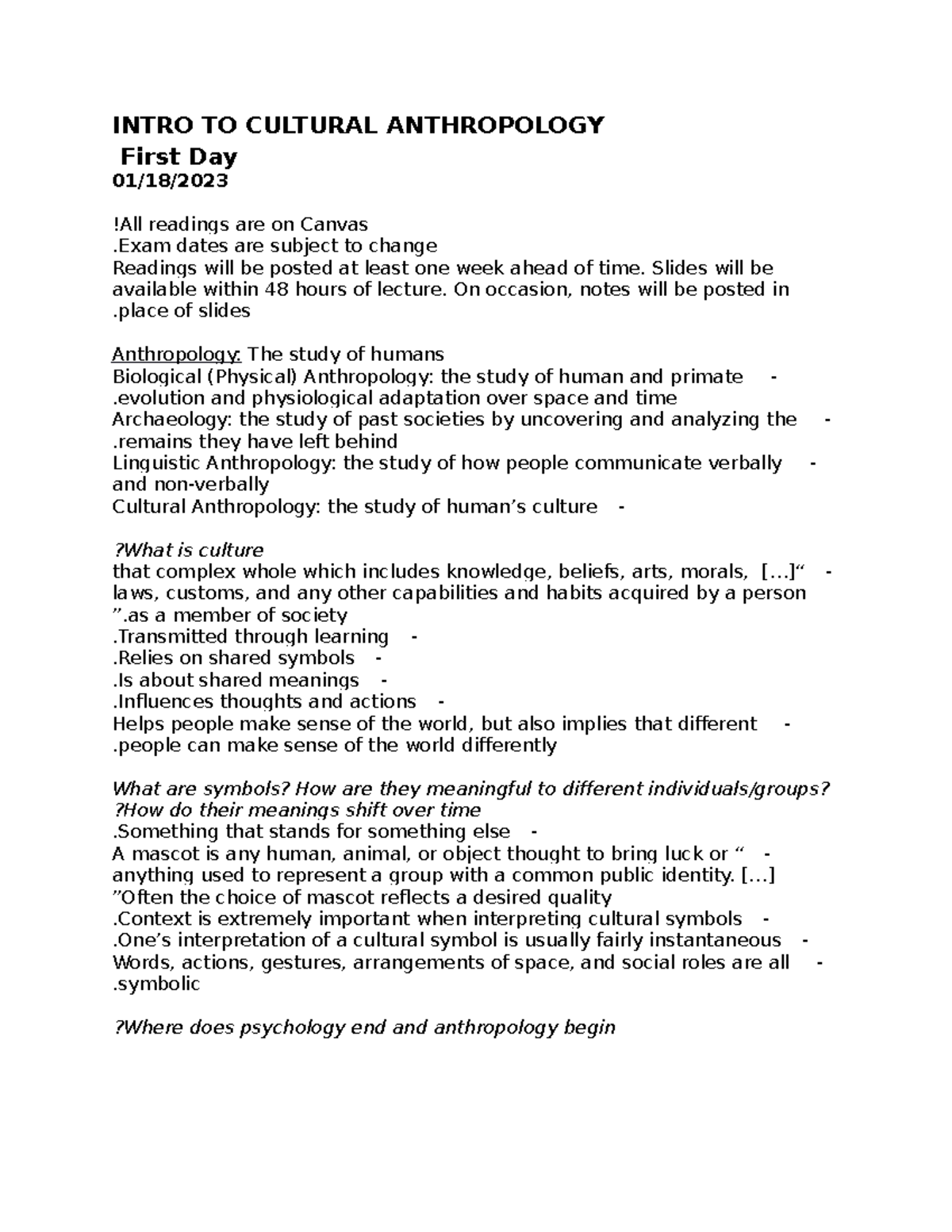 Intro to CA 01/18 - INTRO TO CULTURAL ANTHROPOLOGY First Day 01/18/ ! All readings are on Canvas ...