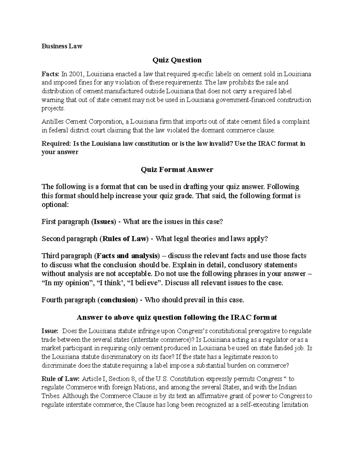 Quiz Answer Format - this is a quiz practice for the quizzes - Business ...