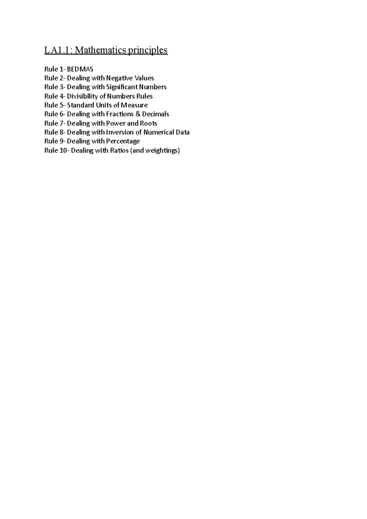 Math Rules LA1 1 LA1 Mathematics Principles Rule 1 BEDMAS Rule 2