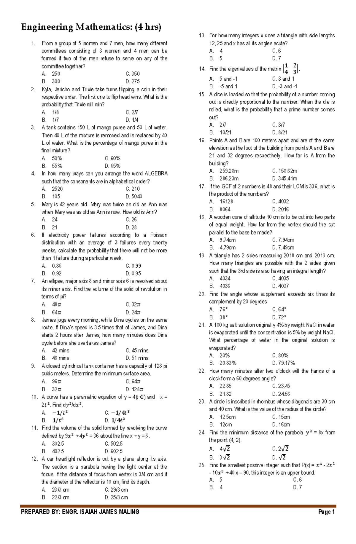 Engineering Mathematics by Engr Isaiah James Maling - From a group of 5 ...