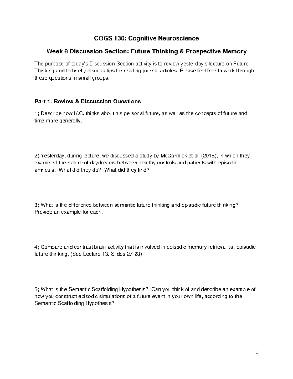 Week8 Future Thinking - Professor Kristina Backer - 1 COGS 130 ...