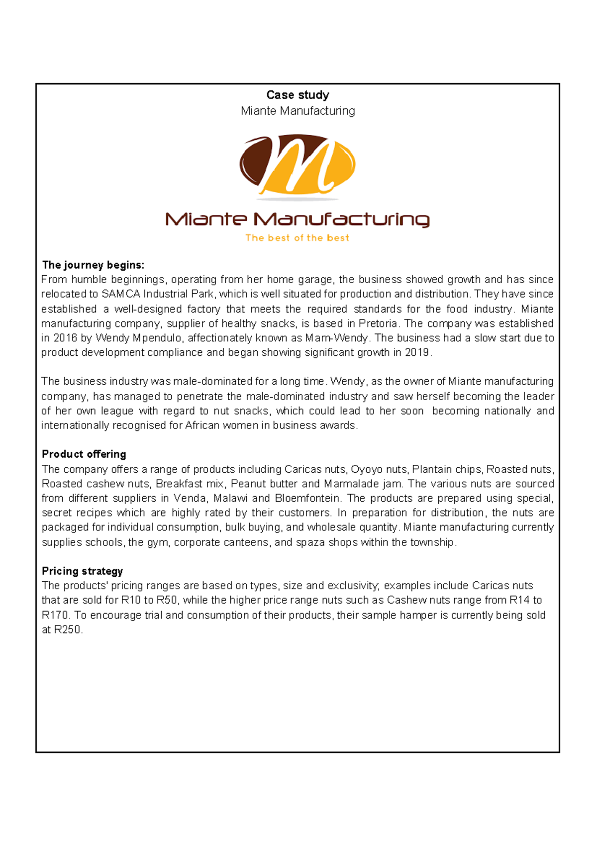 Mainte Manufacturing Case Study - Case study Miante Manufacturing The ...