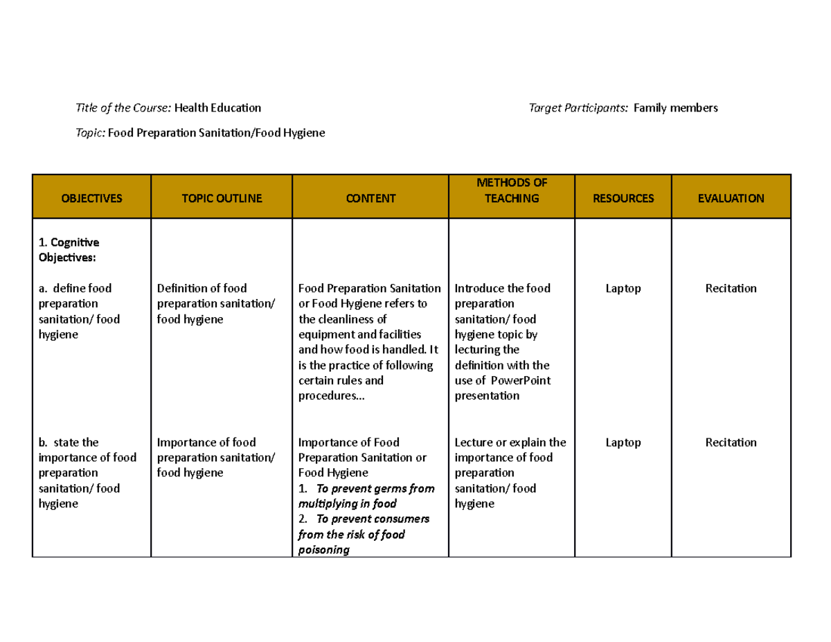 FOOD HYGIENE LESSON PLAN IN HEALTH EDUCATION - Title of the Course ...