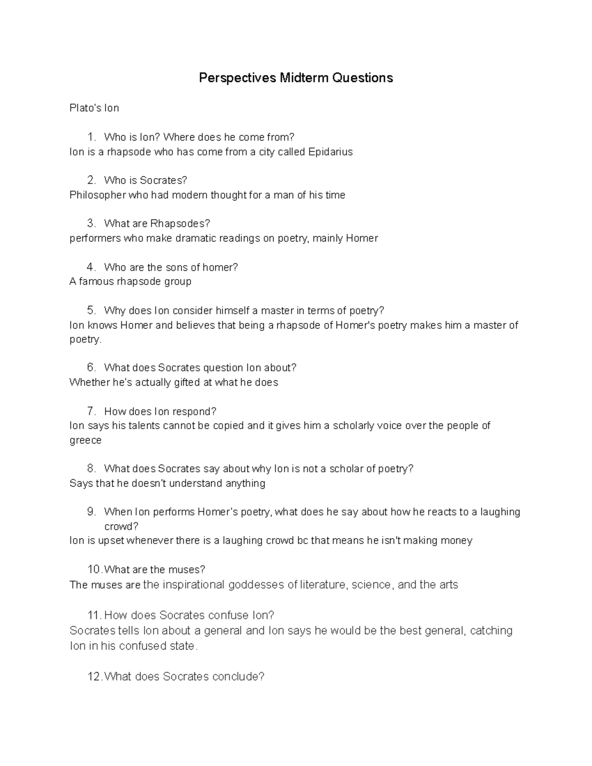 Perspectives Questions - Perspectives Midterm Questions Plato’s Ion Who ...