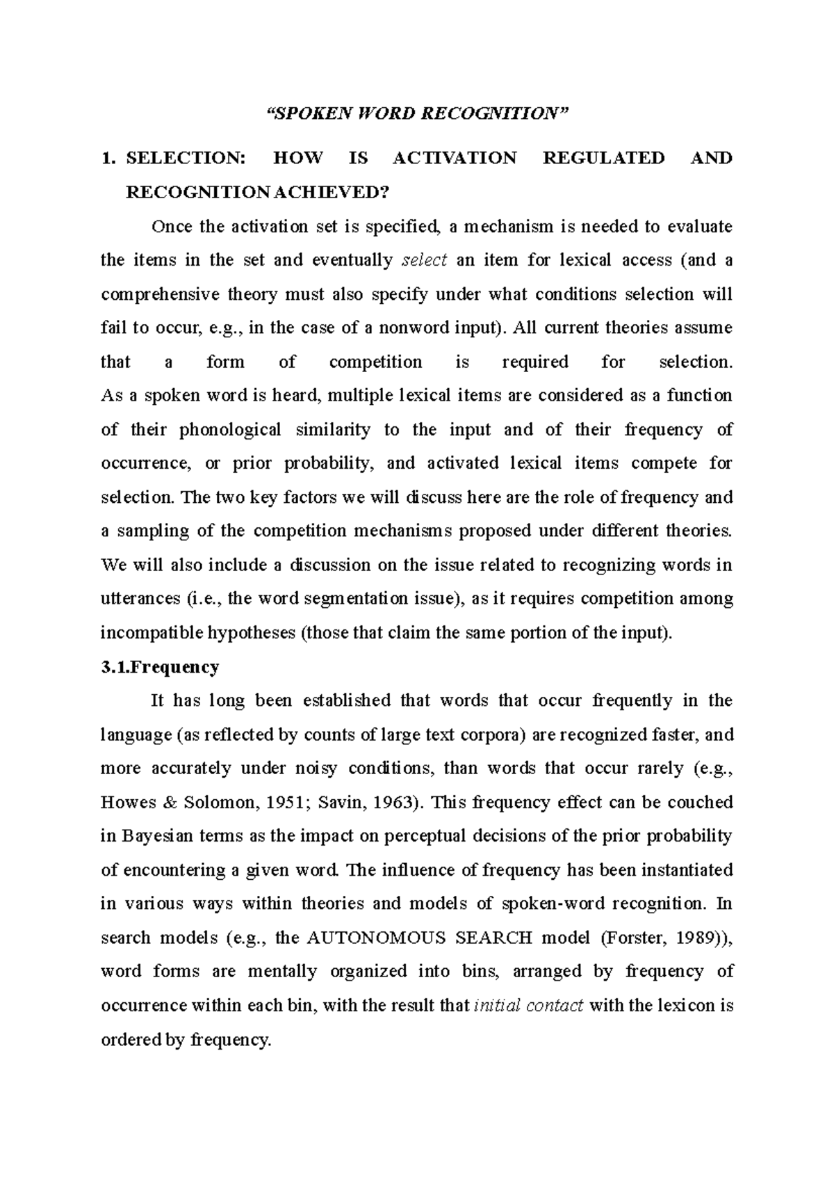 Psycholinguistics “ Spoken WORD Recognition”3 - “SPOKEN WORD ...