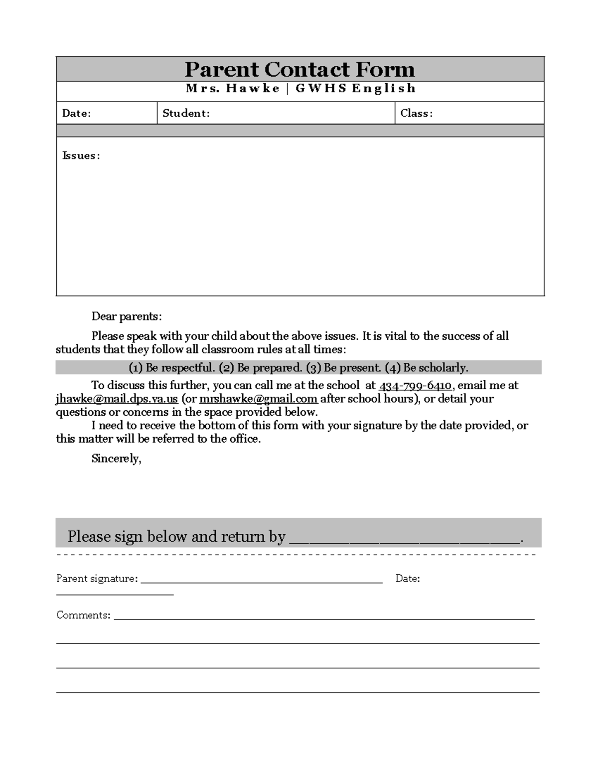 Parent-contact-form - Formato para junta con padres de familia - Parent ...