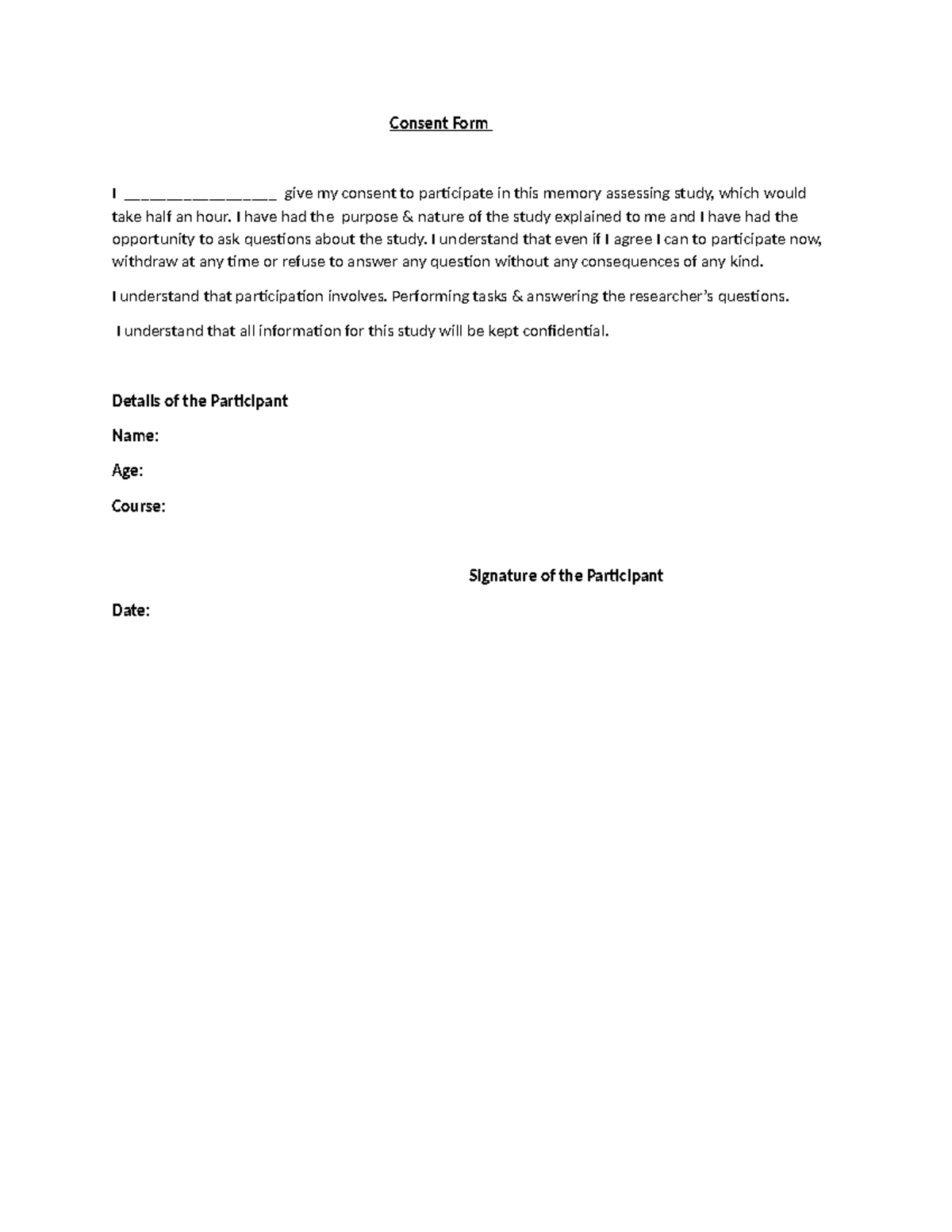 Outline of Short-Term Memory using Immediate Recall - Consent Form I ...