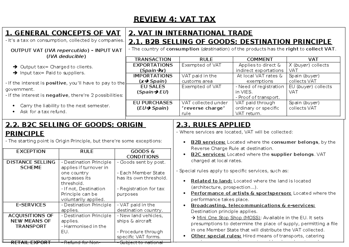 Review 4 - Resum Empresa internacional - REVIEW 4: VAT TAX 1. GENERAL ...