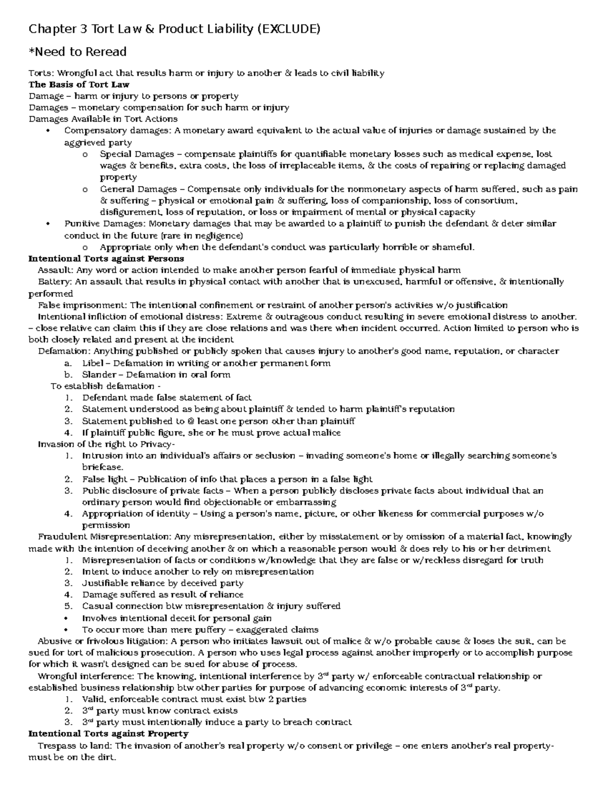 Chapter 3 Tort Law - Tort Law - Chapter 3 Tort Law & Product Liability ...